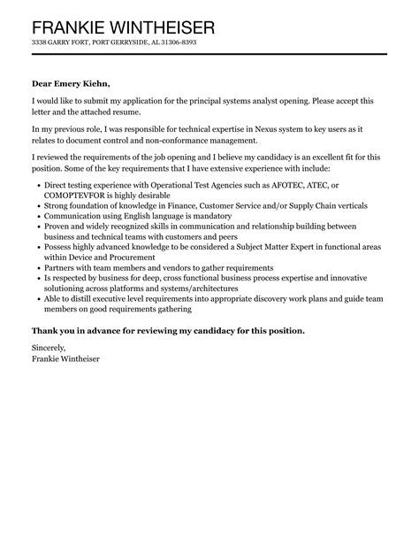 Principal Systems Analyst Cover Letter Velvet Jobs