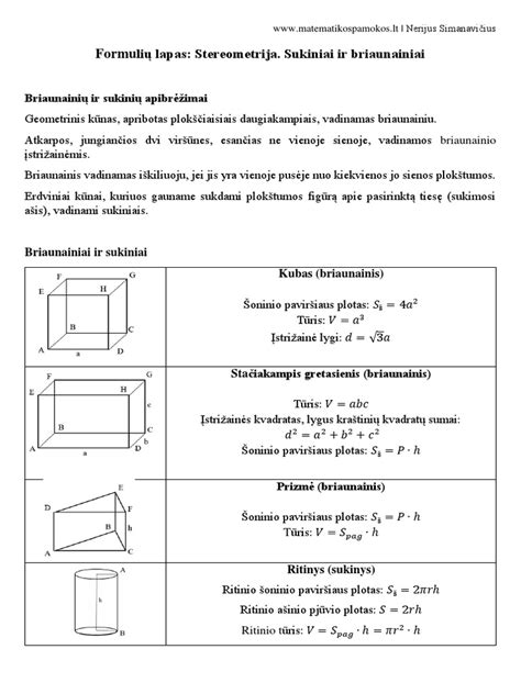 Formuliu Lapas Stereometrija Sukiniai Ir Briaunainiai Pdf