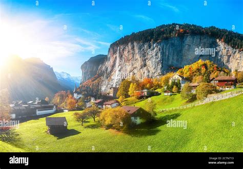 Astonishing Autumn View Of Lauterbrunnen Valley With Gorgeous Staubbach