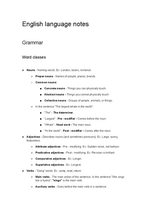 English Language Notes English Language Notes Grammar Word Classes