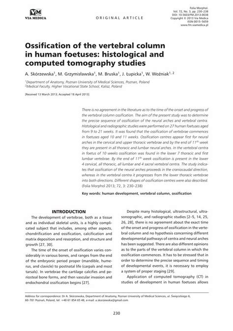 Pdf Ossification Of The Vertebral Column In Human Foetuses Ossification Centres For