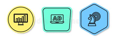 Set Line Monitor With Graph Chart Advertising And Chess Colored Shapes Stock Illustration