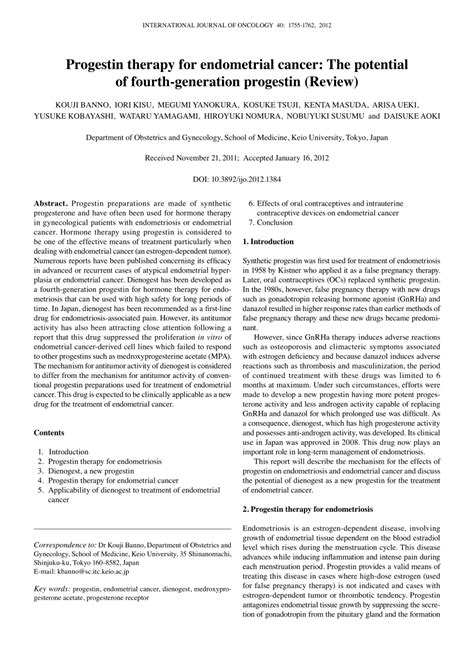 Pdf Progestin Therapy For Endometrial Cancer The Potential Of Fourth