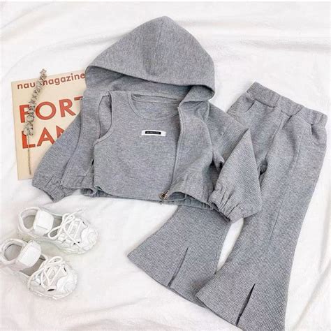 New 3 Piece Girl Set Hoodie Tank And Flared Pants In Gray Set Color Gray White Size 7g