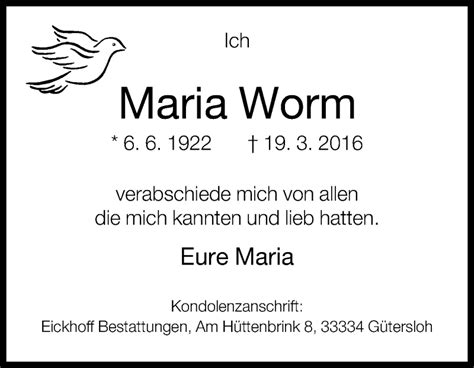 Traueranzeigen Von Maria Worm Trauer Die Glocke De