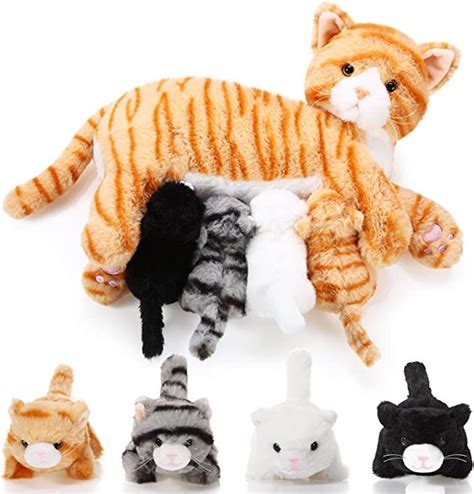 Nurturing Cat Stuffed Animal With Plush Kittens