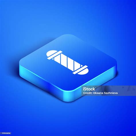 파란색 배경에 격리 된 이색 클래식 이발소 극 아이콘입니다 이발소 기둥 기호입니다 파란색 사각형 버튼입니다 벡터 일러스트레이션 골동품에 대한 스톡 벡터 아트 및 기타 이미지