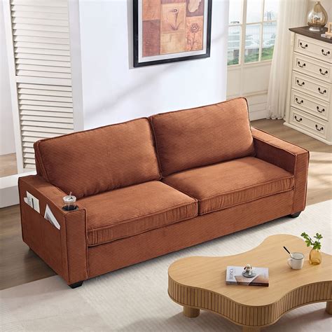 Kevinplus 874” Modern Corduroy Sofa With Cup Holder And Storage Bags