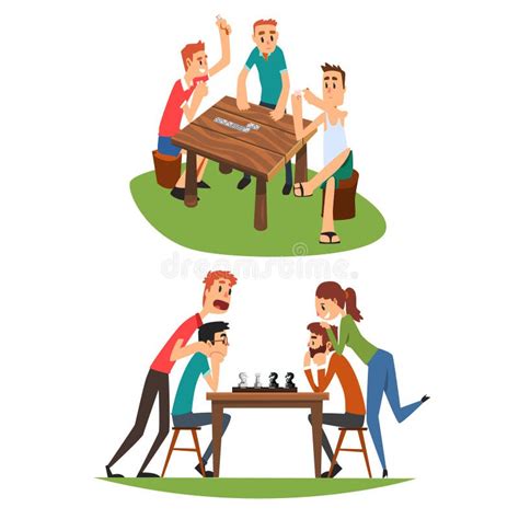 Gesellschaftsspiele Stellen Die Freunde Ein Die Domino Spielen Und Schach Eine Gruppe Freunde