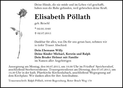 Traueranzeigen Von Elisabeth Pöllath Nordbayerischer Kurier