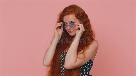 Seductive Cheerful Ginger Stylish Girl In Dress Wearing Sunglasses