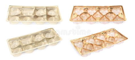 Set With Empty Candy Boxes On White Background Banner Design Stock Image Image Of Decor Gold