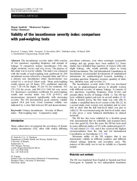 Pdf Validity Of The Incontinence Severity Index Comparison With Pad