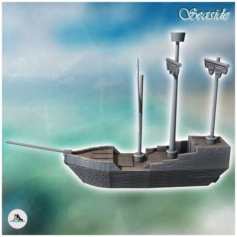 Medieval Boat With Folded Sail And Mast Observation Post 4 3d