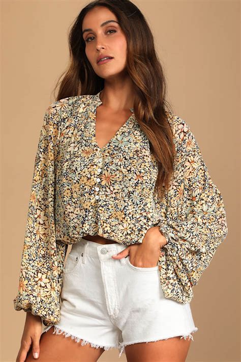 Cream Floral Print Blouse Balloon Sleeve Top Womens Tops Lulus
