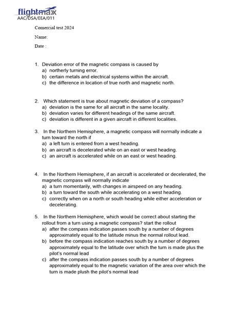 2024 Commercial Pilot Compass Test Pdf Lift Force Drag Physics