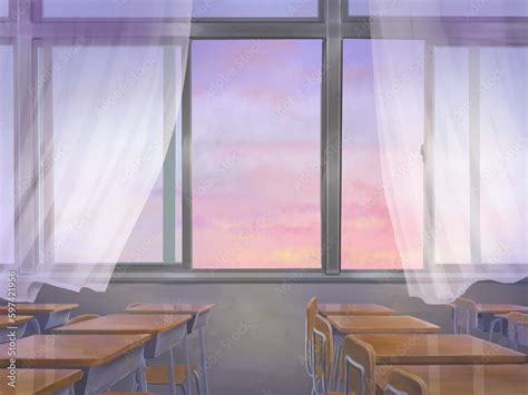 夕焼けが見える、カーテンがある教室 Stock Illustration Adobe Stock
