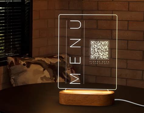 Custom Led Qr Code Menu Sign Led Decor With Natural Wood Base
