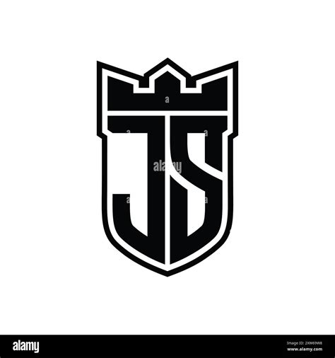 Js Letter Logo With Shield Shape With Geometric Crown Inside Black Outline On White Background
