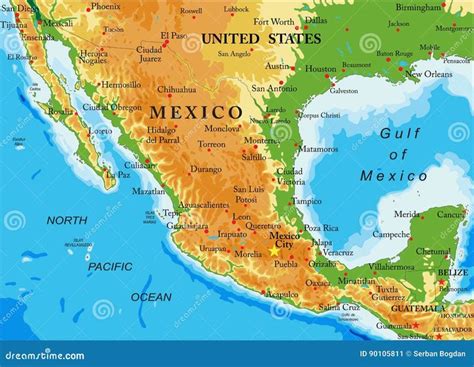 Highly Detailed Physical Map Of Mexico In Vector Format With All The