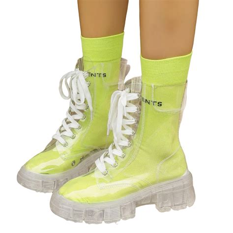 Clear Ankle Boots For Women With Yellow Socks Lace Up Round Toe