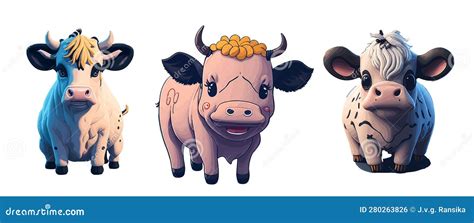 Set Of Three Cows Cartoon Arts Isolated In White Background Stock