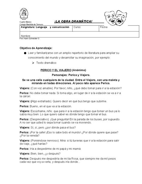 Guía Obra Dramática Obra Dramatica Cuarto Básico ¡la Obra DramÁtica Colegio