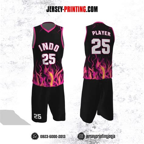 Jersey Basket Hitam Motif Kobaran Api Pink Kuning Jersey Printing