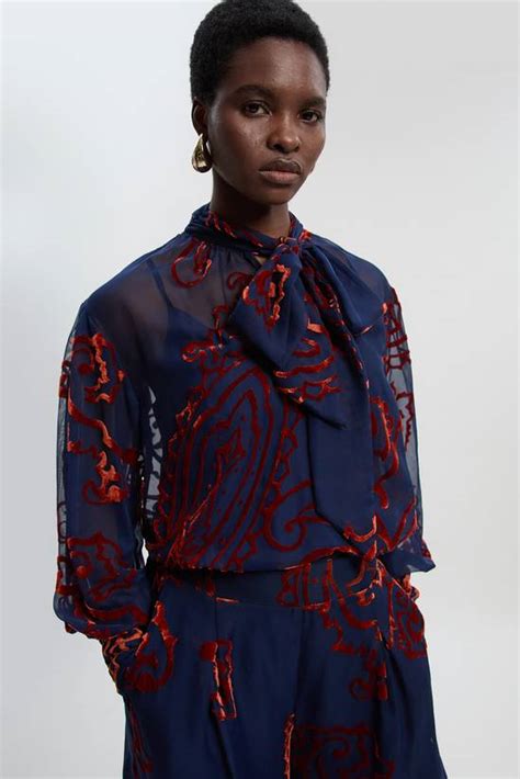 Navy Paisley Devore Woven Pussy Bow Blouse Karen Millen Usa