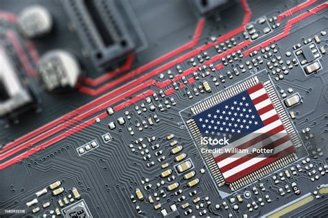 Flag Of Usa On A Processor Cpu Central Processing Unit Or Gpu Microchip