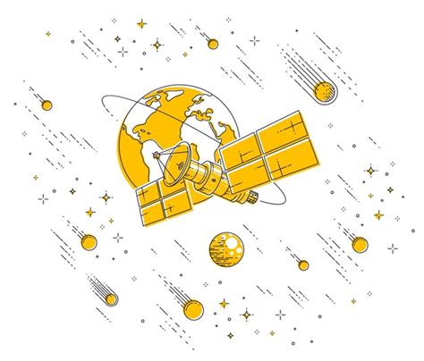 지구 주위를 도는 위성 비행 궤도 비행 소행성 별 및 기타 요소가 있는 태양 전지 패널과 위성 안테나 플레이트가 있는 통신 기술 우주선 우주 정거장 벡터 프리미엄 벡터