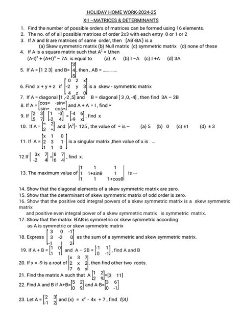 Xii Holiday Home Work Matrices And Det 24 25 Pdf Matrix Mathematics Algebra