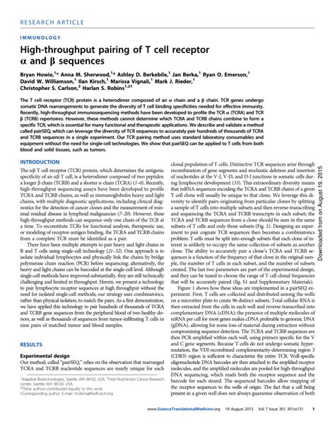 Pdf High Throughput Pairing Of T Cell Receptor Alpha And Beta Sequences