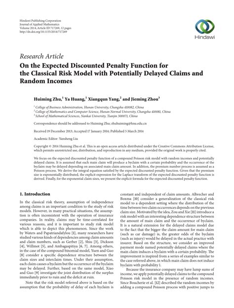 Pdf On The Expected Discounted Penalty Function In A Delayed Claims