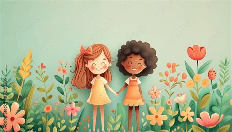 Cartoon Illustration Of Two Happy Girls Holding Hands In Flower Garden