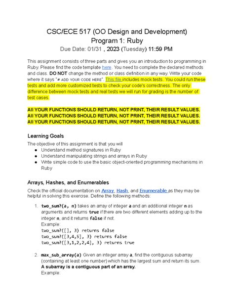 S23 Csc Ece 517 Program 1 Ruby Cscece 517 Oo Design And Development Program 1 Ruby Due