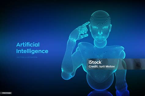 추상와이어프레임 암컷 사이보그 나 로봇은 머리 근처에 손가락을 잡고 그녀의 인공 지능을 사용하여 생각하거나 계산합니다 Ai 및 기계 학습 기술 개념 벡터 그림입니다