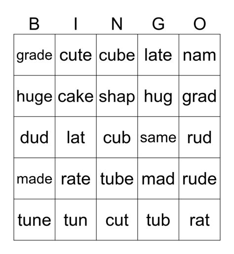 Magic E Bingo Card