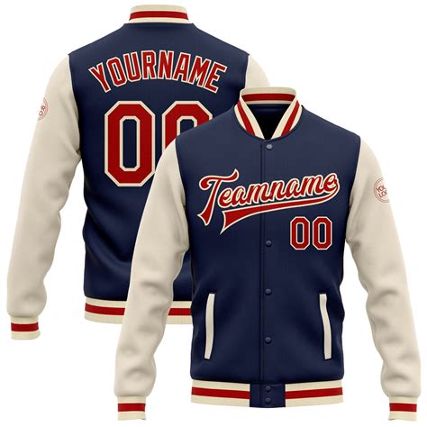 Custom Navy Red Cream Bomber Full Snap Varsity Letterman Two Tone