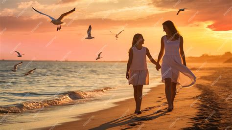 Premium Photo A Mother And Daughter Walk On The Beach At Sunset