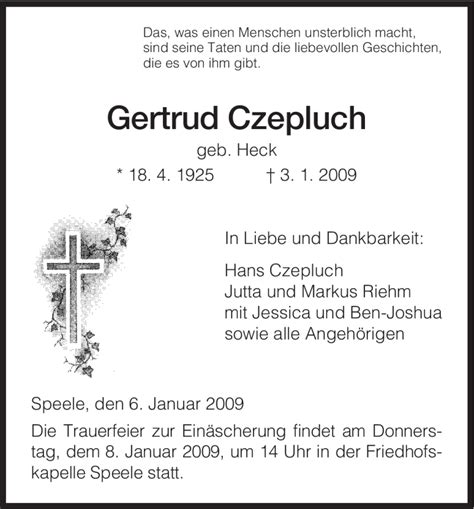 Traueranzeigen Von Gertrud Czepluch Trauer Hna De