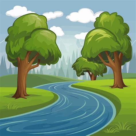 A Painting Of Three Trees With A River And A Blue Sky With A Picture Of Trees Premium AI