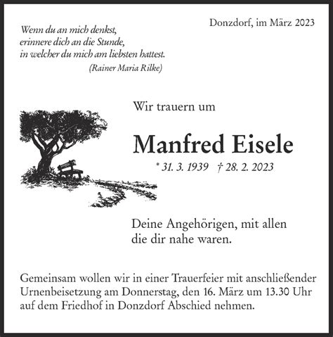 Traueranzeigen Von Manfred Eisele Südwest Presse Trauer