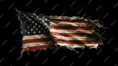Tattered American Flag On A Black Background Historical Symbolism And