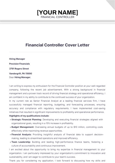 Free Financial Controller Cover Letter Template To Edit Online