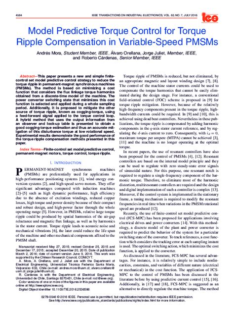 Pdf Model Predictive Torque Control For Torque Ripple Compensation In Variable Speed Pmsms