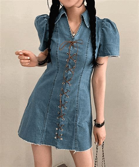 아일렛 포인트 마이 Y2k무드 리본스웨이드 아일렛 카라 퍼프 반팔 데님 미니 원피스 에이블리
