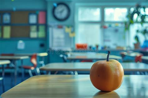 Red Apple In Empty Classroom Return To School Education Season Stock