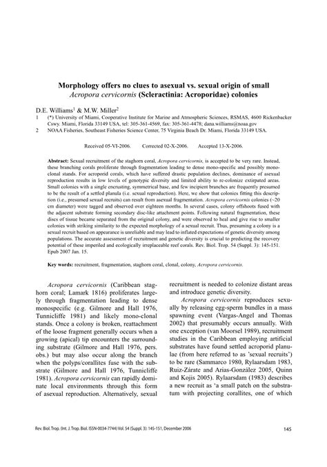 Morphology Offers No Clues To Asexual Vs Sexual Origin Of Small Acropora Cervicornis