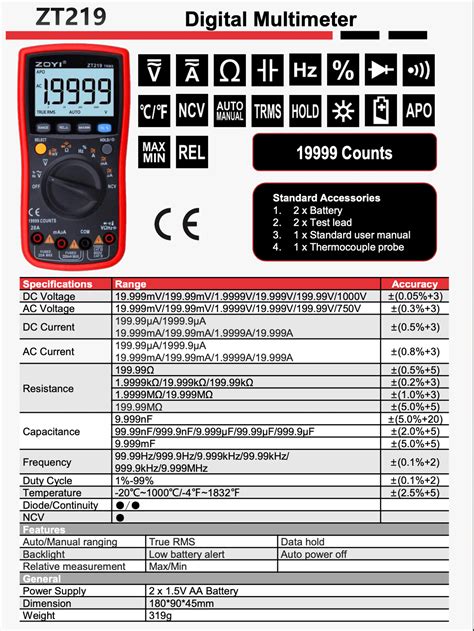 Zoyi 1pc High Precision Digital Multimeter Auto Range 19999 Counts True Rms All Basic
